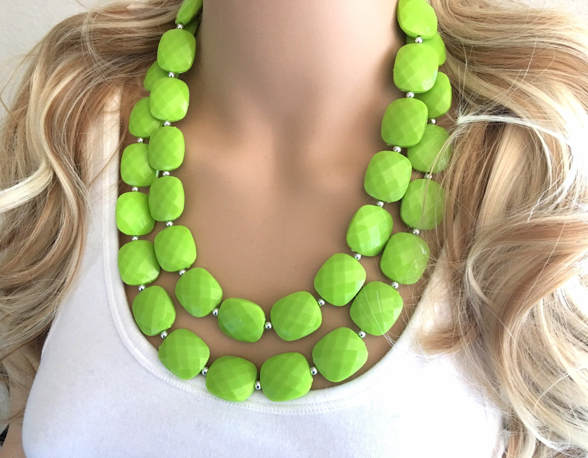 Green statement necklace, chunky green necklace, double strand necklac ...