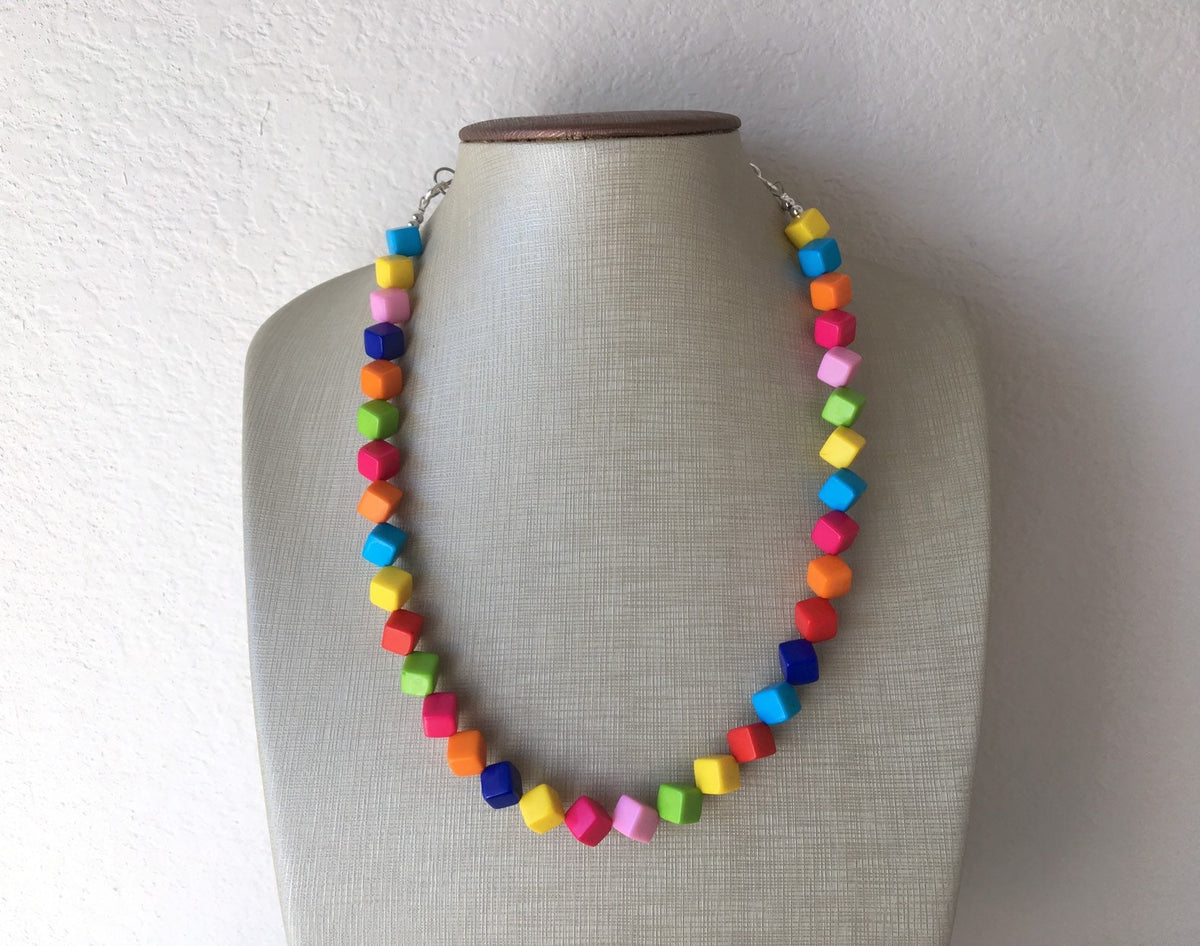 Geometric Rainbow Beaded Necklace, Colorful Jewelry, Chunky statement ...