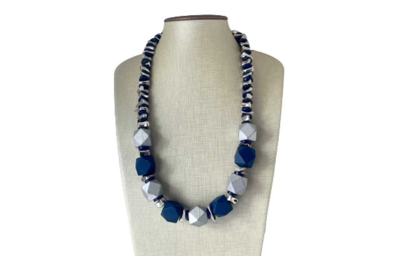 Silver Navy Blue Chunky Long Statement Necklace long silver necklace beaded long necklace blue wood beaded statement jewelry